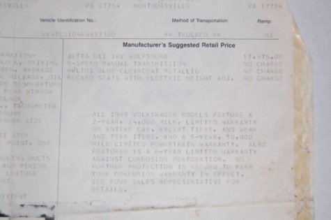 1989 VW Jetta Wolfsburg GLI Window Sticker | German Cars For Sale Blog